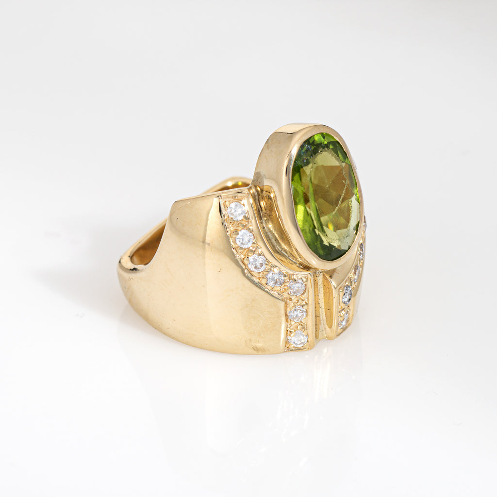 80s Peridot Diamond Cigar Ring Sz 7.5 Band Vintage 14k 80s Peridot Diamond Cigar Ring Sz 7.5 Band Vintage 14k