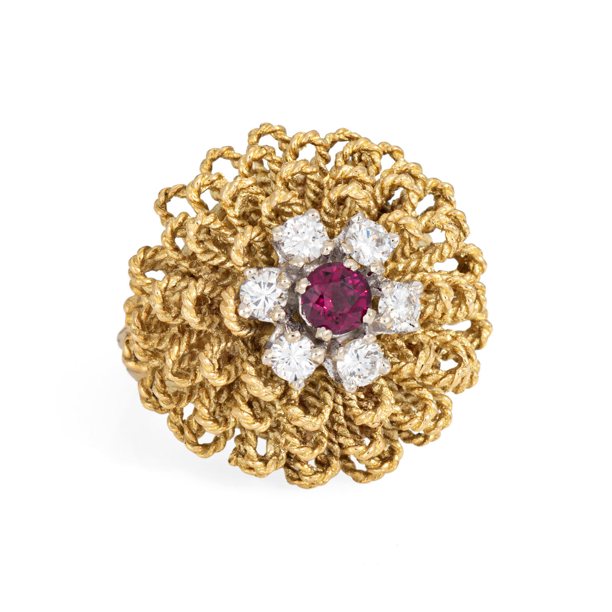 60s Vintage Diamond Ruby Ring Sz 5.25 18k Yellow Gold Flower Cocktail ...