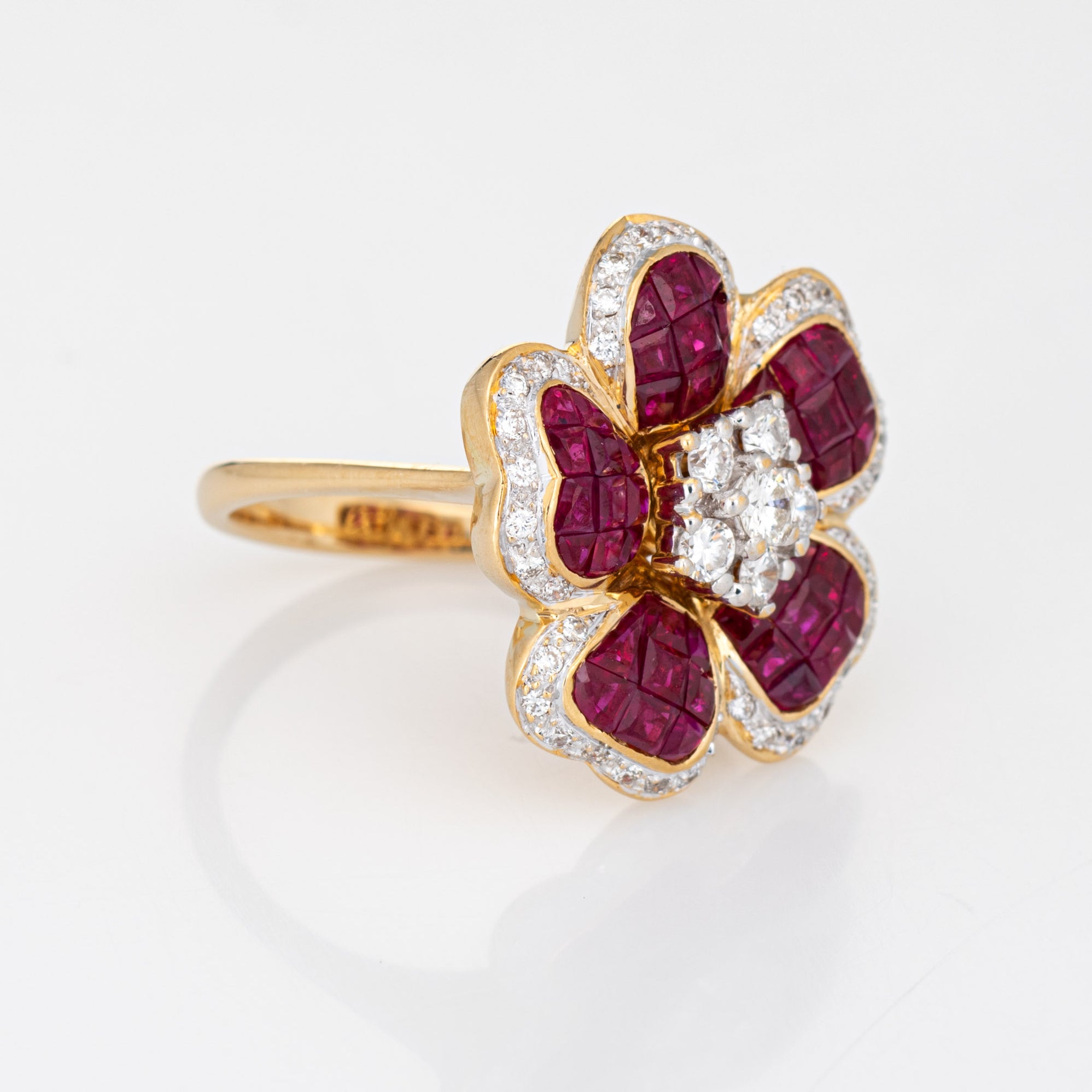Invisible Set Ruby Diamond Flower Ring Vintage 18k Yellow Gold Cocktai ...