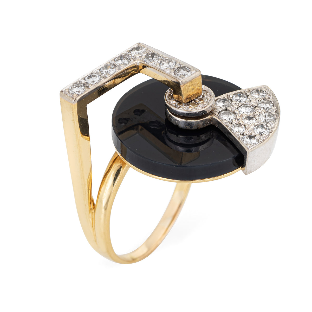 Record Player Ring Vintage Onyx Diamond Spinning Kinetic 18k Gold Geom ...