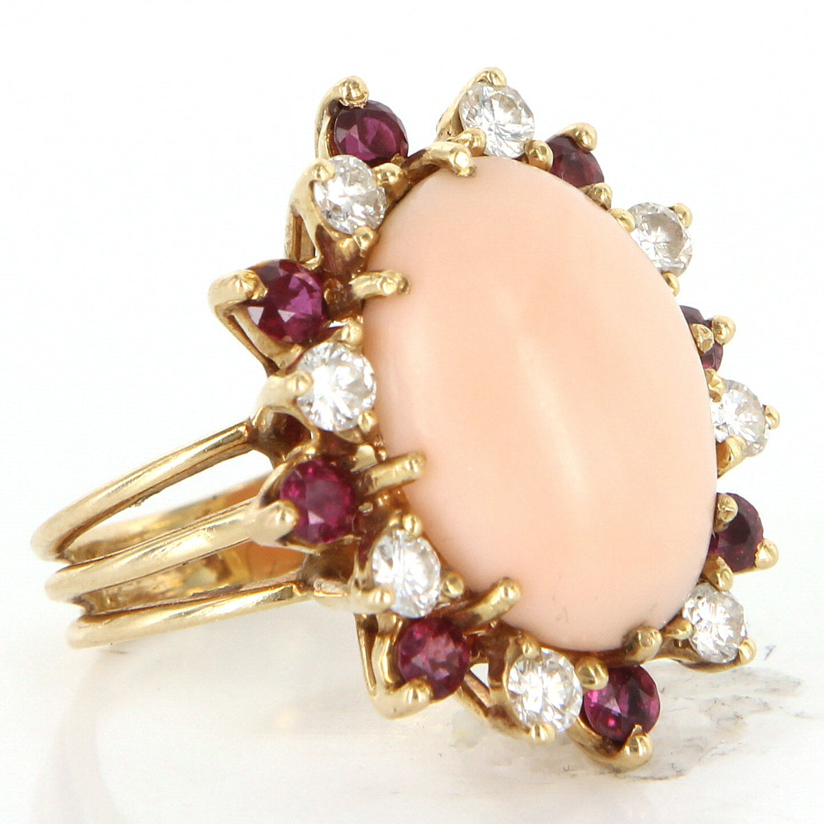 Vintage Angel Skin Coral Ruby Diamond Cocktail Ring 14k Yellow Gold Es ...