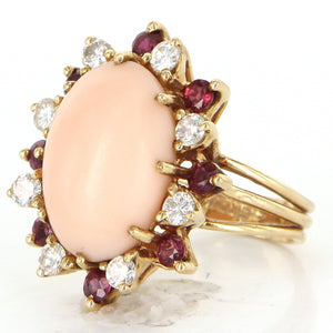 Vintage Angel Skin Coral Ruby Diamond Cocktail Ring 14k Yellow Gold Es ...