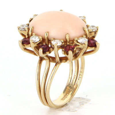 Vintage Angel Skin Coral Ruby Diamond Cocktail Ring 14k Yellow Gold Es ...
