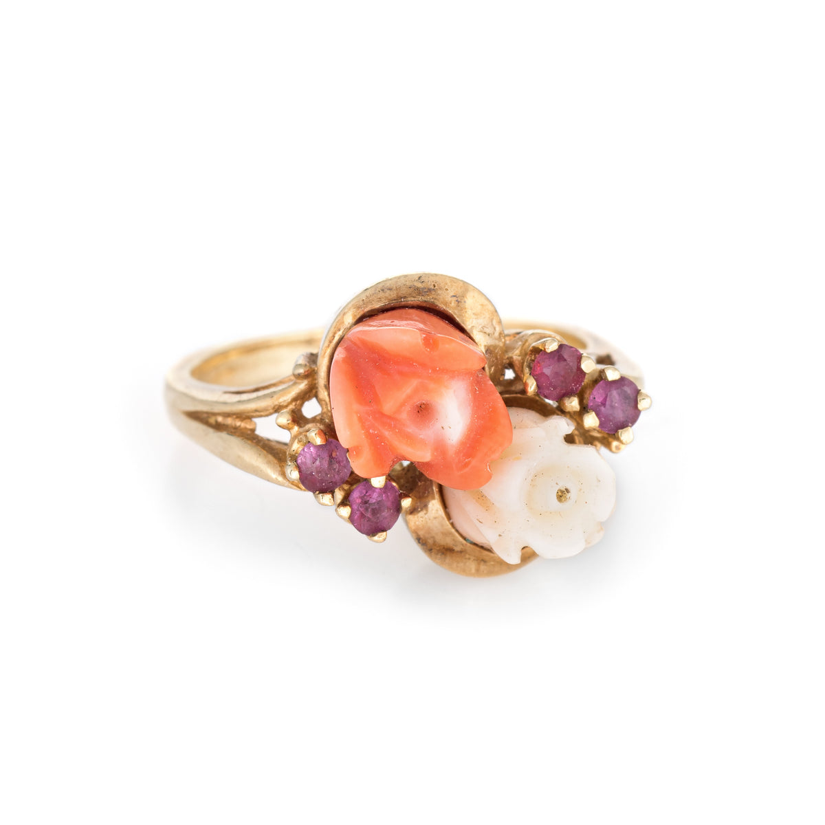 Coral Ruby Flower Ring Vintage 14k Yellow Gold Estate Fine Jewelry Sz ...