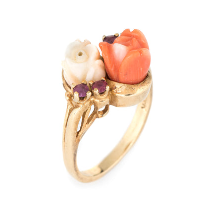 Coral Ruby Flower Ring Vintage 14k Yellow Gold Estate Fine Jewelry Sz ...
