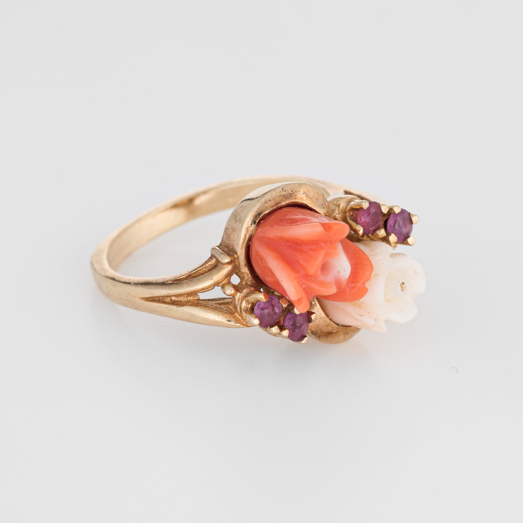 Coral Ruby Flower Ring Vintage 14k Yellow Gold Estate Fine Jewelry Sz ...