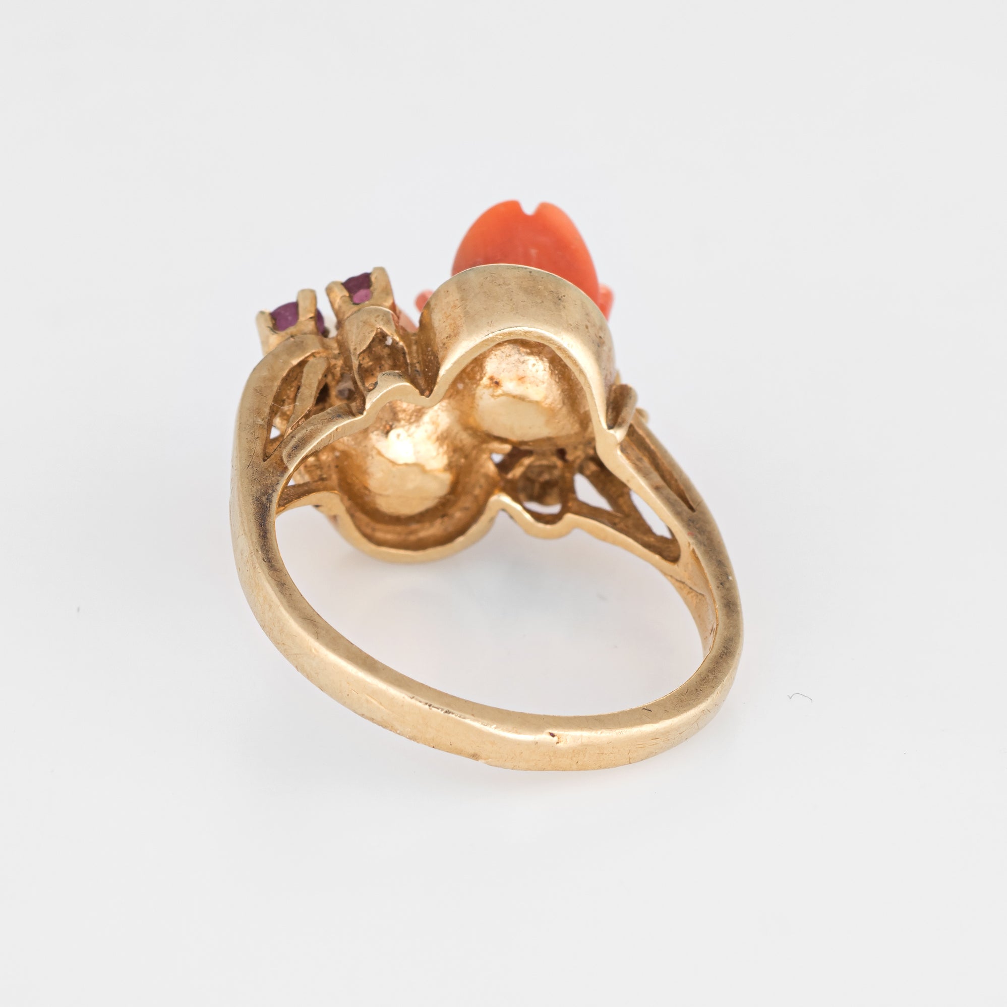 Coral Ruby Flower Ring Vintage 14k Yellow Gold Estate Fine Jewelry Sz ...