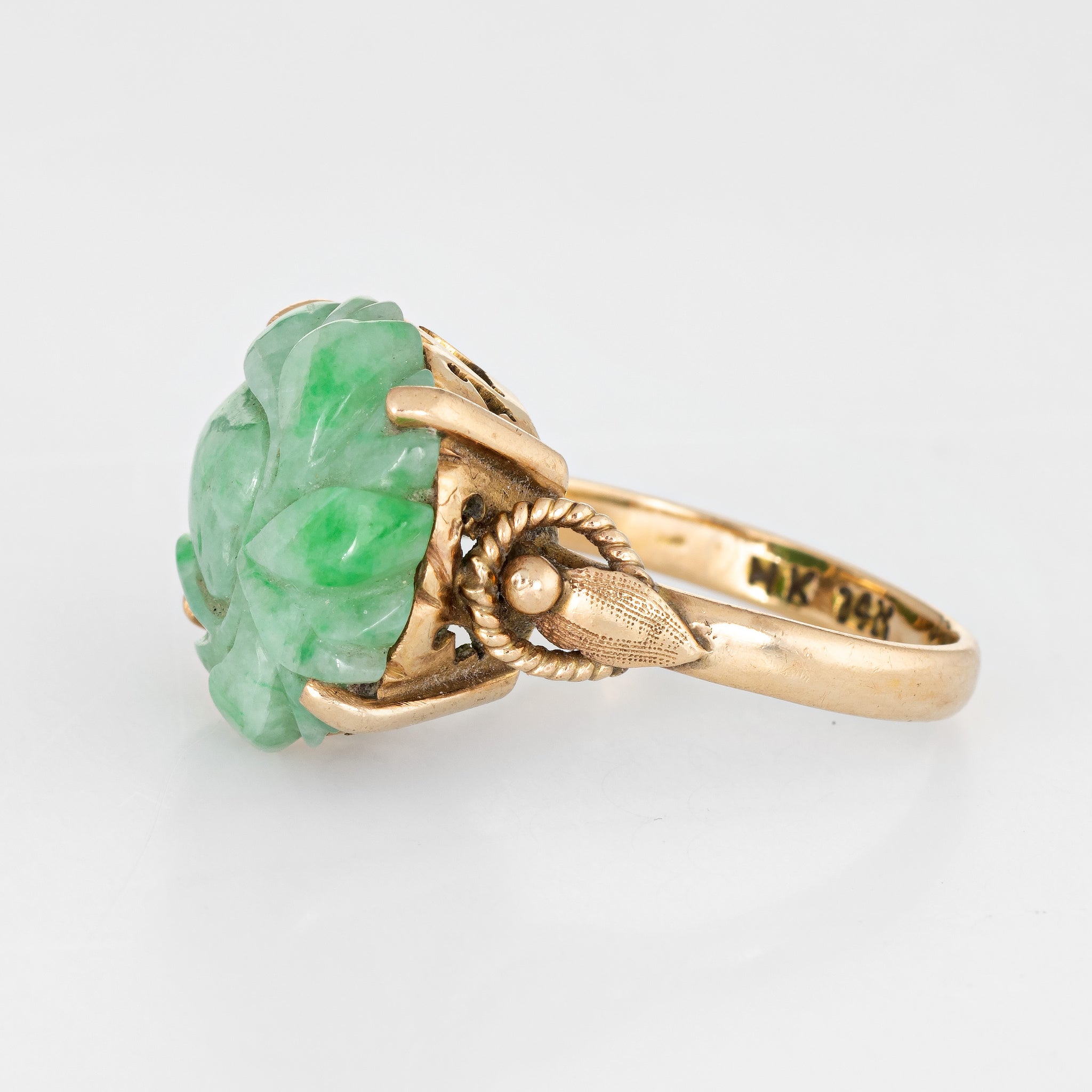 Vintage Carved Jade Flower Ring 14k Yellow Gold Round Cocktail Jewelry ...